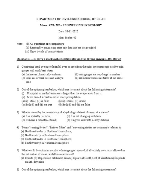 Engineering Hydrology Exam Questions And Answers Pdf Precipitation Rain