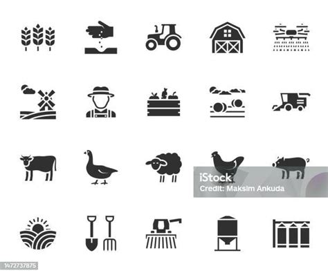 농업과 농업 플랫 아이콘의 벡터 세트입니다 아이콘 농장 트랙터 가축 콤바인 수확기 헛간 농부 곡물 창고 사일로 등이 포함되어 있습니다 완벽한 픽셀 아이콘에 대한 스톡 벡터