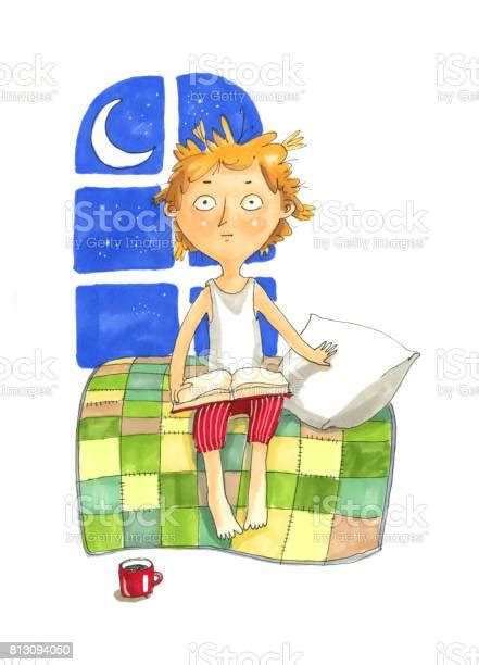 수채화 그림 흰색 배경에 고립입니다 소년은 늦은 밤에 책을 읽고는 갈색에 대한 스톡 벡터 아트 및 기타 이미지 갈색 감탄 귀여운 Istock