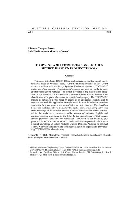 Pdf Todim Fse A Multicriteria Classification Method Based On