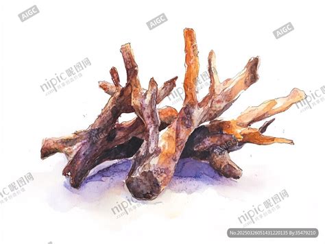 Ai创作图水彩 枯树枝 特写 绘画 素材 自然 枝干 纹理 棕色 艺术 笔触 色彩 写生 造型 细节 昵图网