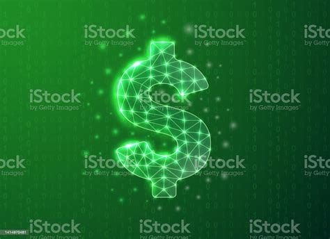 이진 코드 배경이 있는 달러 다각형 기호입니다 돈 컨셉 디자인 벡터 일러스트레이션 녹색 금융 연결된 점이 있는 낮은 폴리 기호