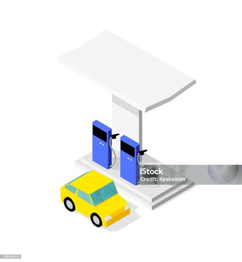 충전 스테이션 연료를 채우는 고속도로도로 점 수리 서비스 석유 주유소 및 자동차 휘발유 탱크 가솔린 파란색과 노란색 색상 벡터입니다 등측투영법에 대한 스톡 벡터 아트 및