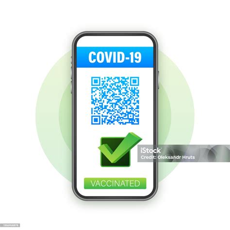 스마트폰에서 예방 접종 디지털 인증서 Qr 코드와 패스 체크 마크 백신 접종전화 화면 건강 여권 벡터 스톡 일러스트레이션입니다