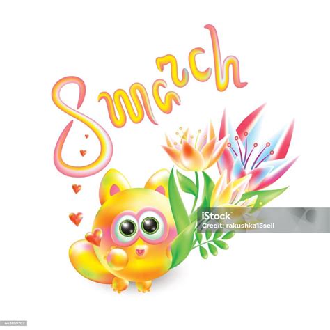 3d 일러스트 벡터 꼴된 작은 고양이 흰색 바탕에 꽃의 아름 다운 부케와 함께 현실적인 멀티 컬러 사랑 고양이 축 하 여자에 3 월 8 일 0명에 대한 스톡 벡터 아트 및