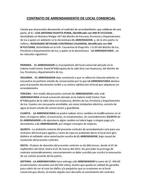 Contrato De Arrendamiento De Local Comercial Sovrny