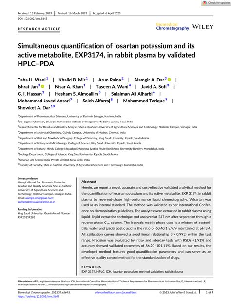 Pdf Simultaneous Quantification Of Losartan Potassium And Its Active Metabolite Exp3174 In