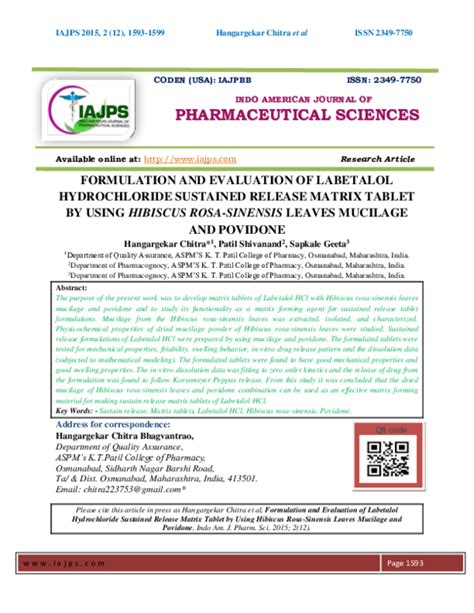 Pdf Formulation And Evaluation Of Labetalol Hydrochloride Sustained Release Matrix Tablet By