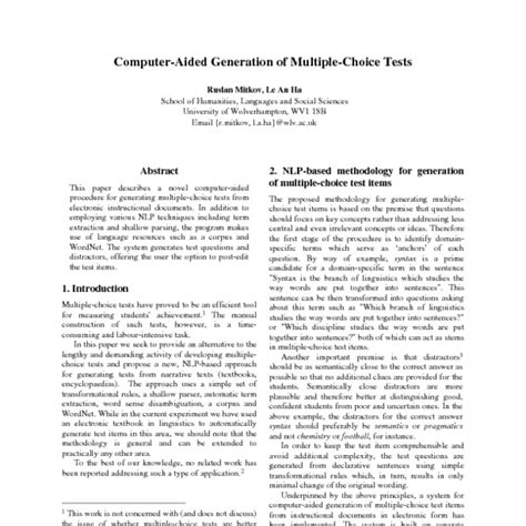 Computer Aided Generation Of Multiple Choice Tests Acl Anthology