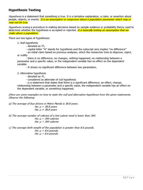 Notes Hypothesis Testing V1 Pdf Hypothesis Statistical Hypothesis
