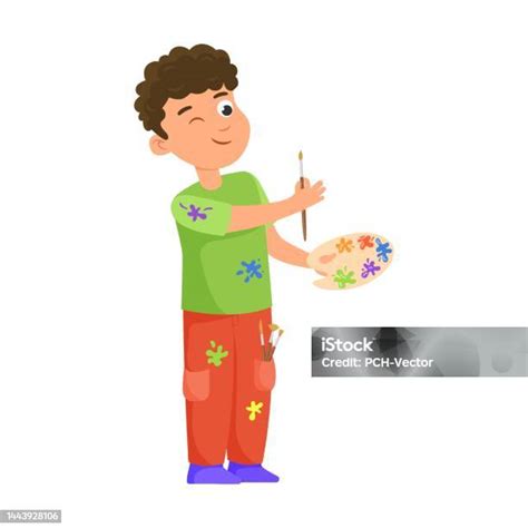 브러시와 색상 팔레트를 가진 젊은 예술가 취미와 아이들의 활동 활동적인 소년의 벡터 삽화 만화 어린이 그리기 공예에 대한 스톡