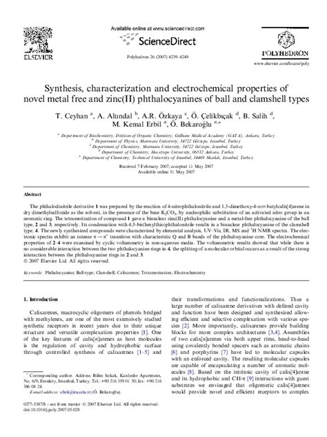 Pdf Synthesis Characterization And Electrochemical Properties Of Novel Metal Free And Zincii