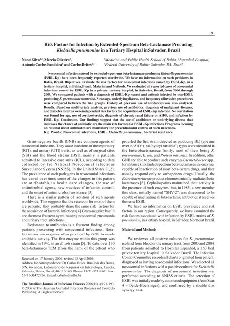 Pdf Risk Factors For Infection By Extended Spectrum Beta Lactamase Producing Klebsiella