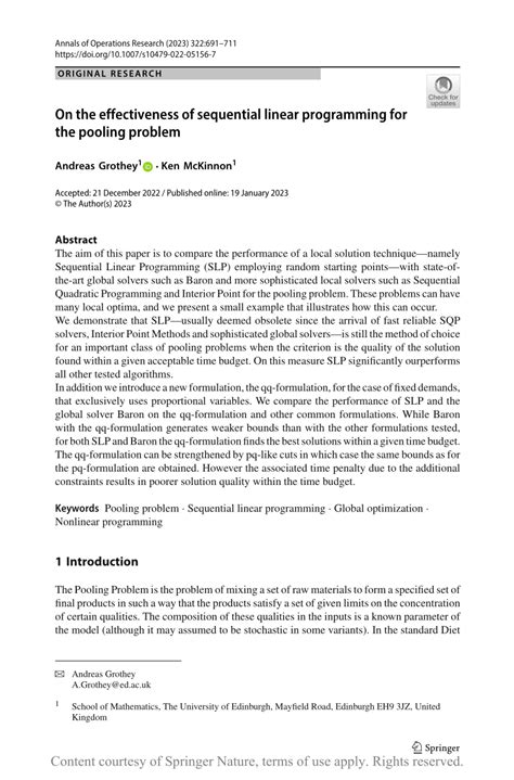 Pdf On The Effectiveness Of Sequential Linear Programming For The