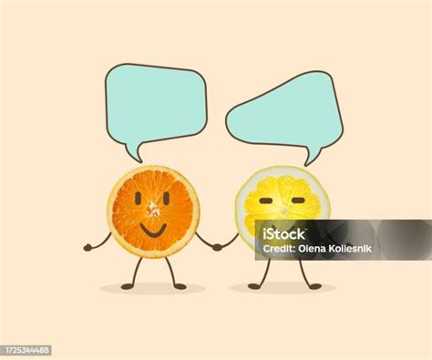 오렌지와 레몬 조각의 현대 미술 콜라주가 손을 잡고 대화 거품을 일으키고 있다 개념에 대한 스톡 사진 및 기타 이미지 개념 건강한 식생활 공휴일 Istock