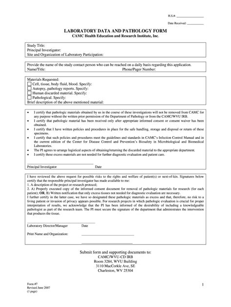 Fillable Online Camcinstitute Laboratory Data And Pathology Form Camc