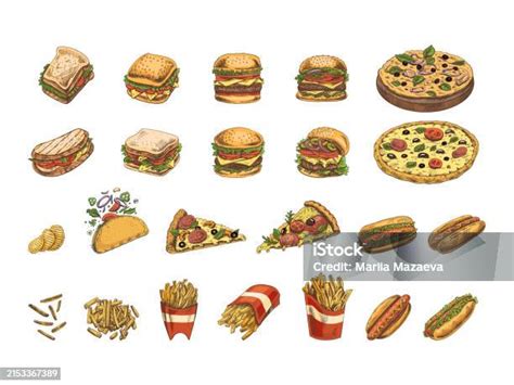 길거리 음식 테이크아웃 음식 패스트푸드 정크 푸드 및 음료의 손으로 그린 컬러 스케치 햄버거 감자 감자 튀김 칩 피자 핫도그