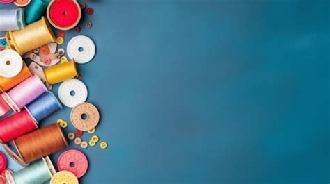 Set Of Sewing Threads And Clothing Buttons On Color Background Neural