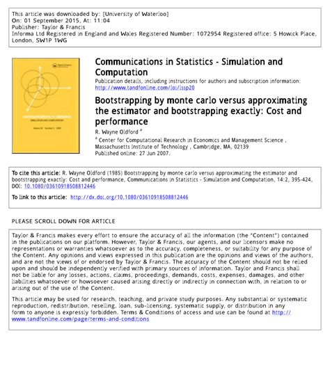 Pdf Bootstrapping By Monte Carlo Versus Approximating The Estimator