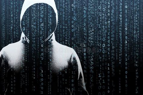 Hacker Over A Screen With Binary Code And Warning Messages Stock