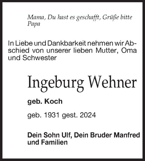 Traueranzeigen Von Ingeburg Wehner Trauer Anzeigen De