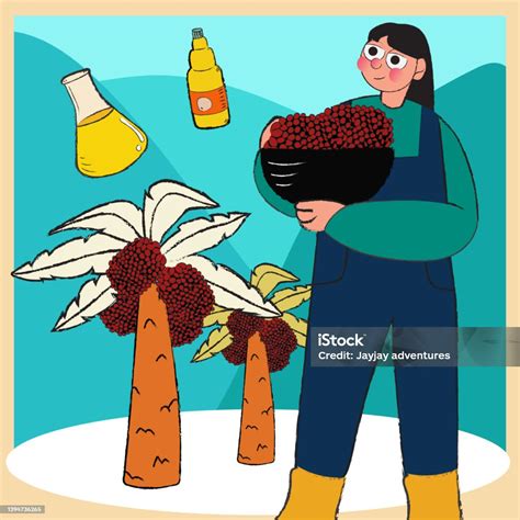 팜 오일 농장 및 생산 개념 농장에서 손바닥 바구니를 들고 있는 여성 농부 플랫 벡터 설명 배경입니다 개체 그룹에 대한 스톡