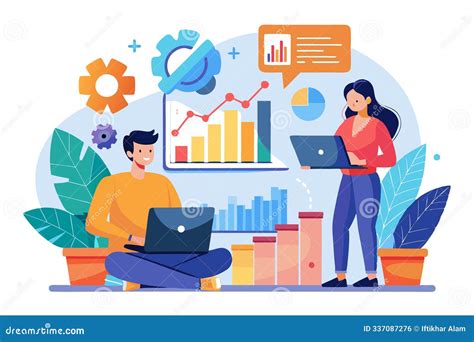 Two Workers Review Growth Graphs And Diagrams While Using Laptops In A Contemporary Workspace