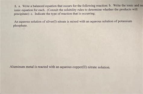 Solved A Write A Balanced Equation That Occurs For The Chegg Com