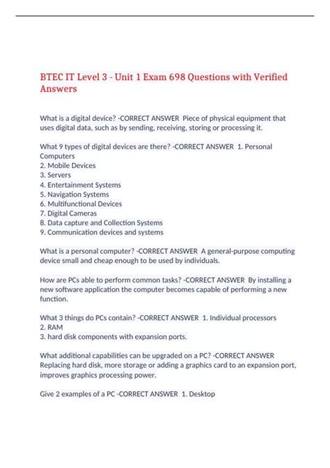 Btec It Level 3 Unit 1 Exam 698 Questions With Verified Answers 100 Correct Btec It Level 3