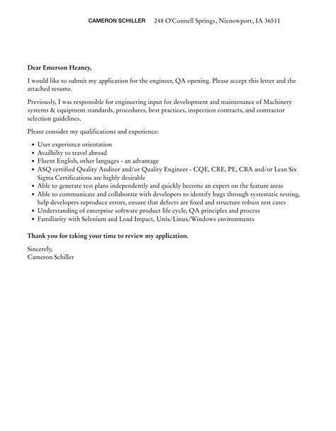 Engineer QA Cover Letter Velvet Jobs