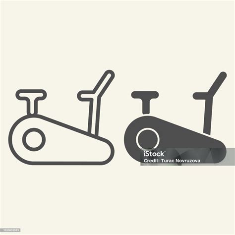 운동 자전거 라인과 솔리드 아이콘 베이지 색 배경에 Exercycle 윤곽 선 회 스타일 픽토그램 모바일 개념 및 웹 디자인을