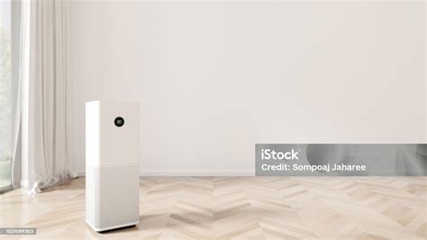 나무 쪽모이 세공 마룻바닥과 햇볕이 잘 드는 창문 깨끗한 흰 벽 공기 청정기 히터가 있는 자연 채광이 있는 미니멀리즘의 밝고 넓은 빈 객실입니다 3d 렌더링 0명에 대한