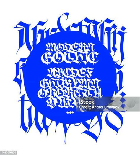 고딕 스타일에서 전체 라틴어 알파벳 벡터입니다 편지 그리고 파란색 배경에 기호입니다 서 예 고 글자입니다 중세 라틴 편지입니다 문신에 대 한 우아한 폰트입니다 모든 문자는