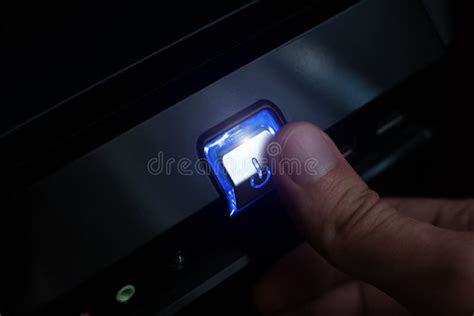 Close Up Macro Shot Of The Press The Power Button On Computer Turn On