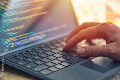 Closeup Coding On Screen Hands Coding Html And Programming On Screen