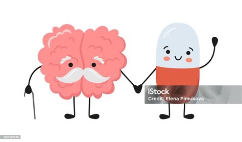 오래된 뇌 캐릭터와 행복한 웃는 약 알약 캐릭터가 손을 잡고 있습니다 가와이캡슐과 귀여운 뇌 캐릭터 약물 치료 흰색 배경에 벡터 격리 된 그림 안정제 투여에 대한 스톡 벡터