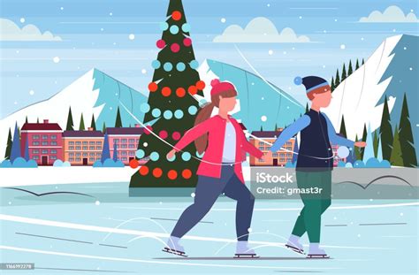 뚱뚱한 뚱뚱한 커플 스케이트 에 아이스 링크 과체중 남자 여자 들고 손 겨울 재미 스포츠 활동 체중 감량 개념 크리스마스 트리 풍경 배경 전체 길이 평면 수평 개념에 대한