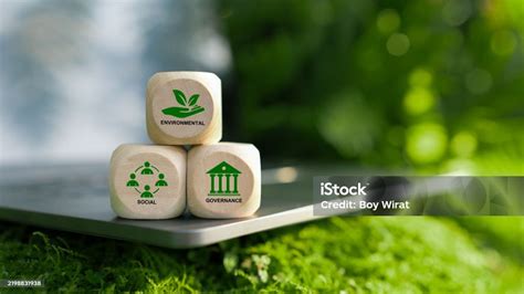Esg 환경 사회 거버넌스 투자 사업 개념 Esg 아이콘이 새겨진 나무 블록이 쌓여 있는 나무 블록이 초록색 이끼 사이로 노트북 위에 놓여 있습니다 세계 지속 가능한 환경