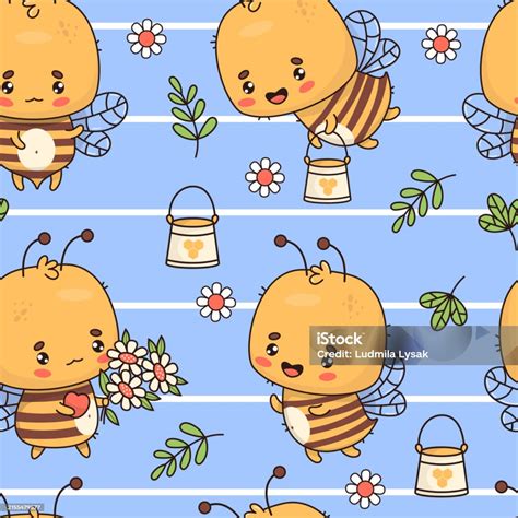 푸른 줄무늬 배경에 꽃다발과 꿀 양동이와 꿀벌과 꿀벌과 함께 완벽 한 패턴입니다 벡터 일러스트 레이 션입니다 만화 귀여운 곤충 Kawaii 캐릭터 키즈 컬렉션 0명에 대한