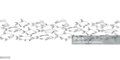 낙서 물고기 원활한 국경 흰색에 고립 해산물 손 그리기 아트 라인입니다 색칠 페이지 책 벡터 스톡 일러스트 낙서 드로잉에 대한 스톡 벡터 아트 및 기타 이미지 Istock