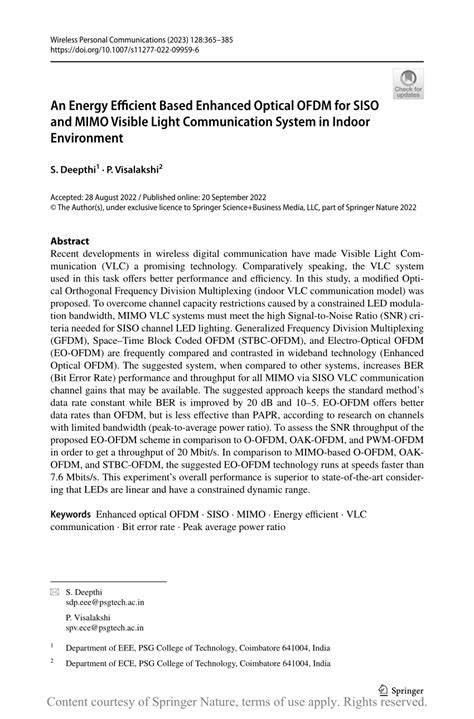 An Energy Efficient Based Enhanced Optical Ofdm For Siso And Mimo