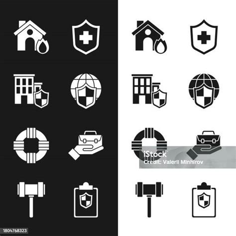 세계 지구본 집 방패 불타는 집에 불 건강 보험 구명 부표 서류 가방을 들고 손 문서 및 판사 망치 아이콘으로 방패를 설정합니다