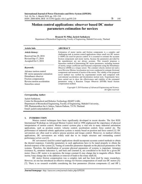 Motion Control Applications Observer Based Dc Motor Parameters