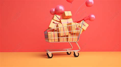스타일 있는 쇼핑 장바구니 위에 놓인 선물 상자의 놀라운 3d 렌더링 놀라 배경 상자 카트 배경 선물 3d 배경 이미지 Hd 놀라 상자 카트 선물 3d 배경