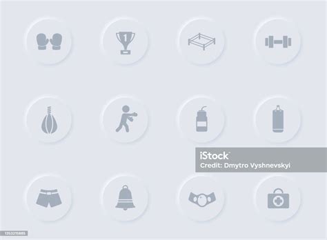 둥근 고무 버튼에 권투 회색 벡터 아이콘 웹 모바일 앱 Ui 디자인 및 프로모션 비즈니스 폴리그래피용 권투 아이콘 세트 Championship에 대한 스톡 벡터 아트 및