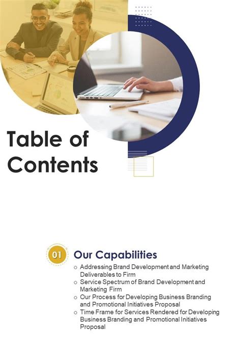 Table Of Contents Developing Business Branding One Pager Sample Example