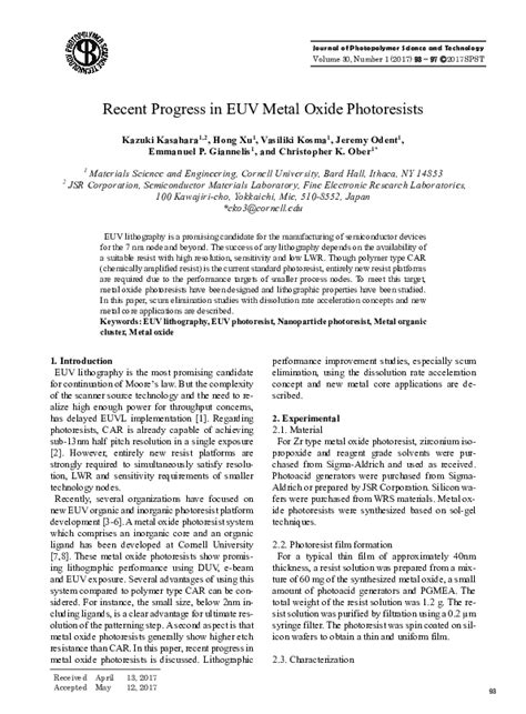 Pdf Recent Progress In Euv Metal Oxide Photoresists