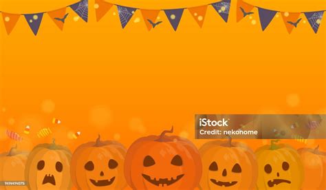 할로윈 파티 개념 호박의 벡터 일러스트레이션 주황색 배경에 깃발과 장식용 조명 할로윈에 대한 스톡 벡터 아트 및 기타 이미지 할로윈 헤더 디자인 요소 사탕 Istock
