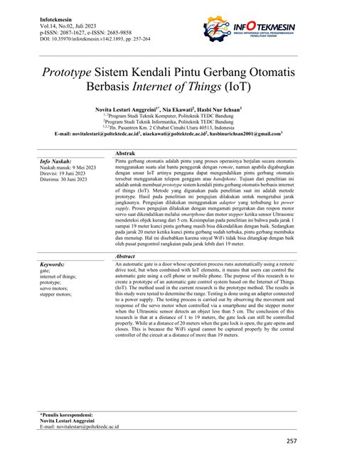 Pdf Prototype Sistem Kendali Pintu Gerbang Otomatis Berbasis Internet Of Things Iot Indonesia