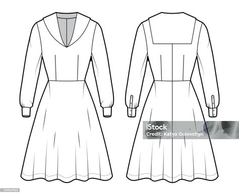 미디 칼라 커프 핏 무릎 길이 원형 스커트와 드레스 세일러 기술 패션 일러스트 0명에 대한 스톡 벡터 아트 및 기타 이미지 0명 검은색 공단 Istock